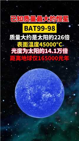 已知质量最大的恒星，BAT99-98，质量大约是太阳的226倍，表面温度45000°C，光度为太阳的14.1万倍- －钟㖼㖼视频直播- －钟㖼 ...